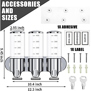 3 in 1 Bathroom Shampoo and Conditioner Dispenser with Waterproof Labels - Drill Free Shower Soap Dispenser Wall Mounted for Home Hotel RV | 3x17oz Refillable Bottles