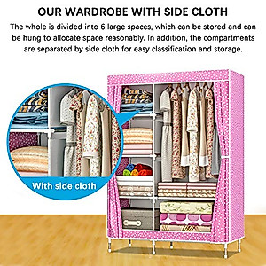 ZZBIQS Clothing Closet Wardrobe, Portable Non-Woven Fabric Garment Clothes Wardrobe Storage Organizer Shelf Rack, DIY Armoire Storage with Hanging Rod(Pink, Dots)