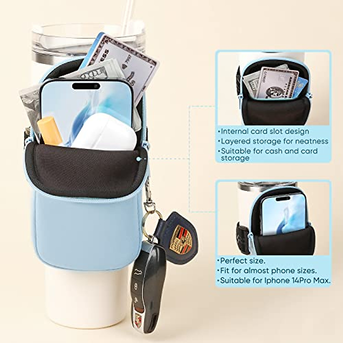 Water Bottle Pouch For Stanley, Gym Tumbler Accessories for Women, Compatible With Stanley Quencher Adventure 40oz & IceFlow 20/30oz, Workout Outdoor Tumbler Pocket for Phone, Card, Keys, Cash-Green