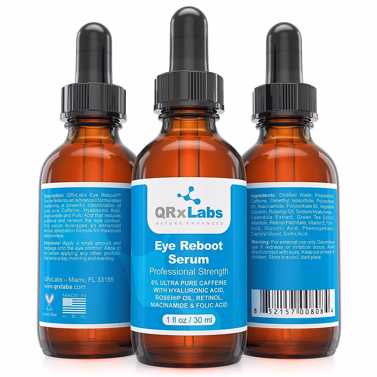Eye Reboot Serum with 6% Caffeine, Hyaluronic Acid, Rosehip Oil, Retinol, Niacinamide & Folic Acid - Reduces Puffiness, Dark Circles, Crow Feet, Wrinkles and Fine Lines Around The Eyes - 1 oz / 30 ml