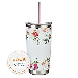 Christian Art Gifts Stainless Steel Double-Wall Vacuum Insulated Tumbler w/Straw & Lid 18 oz Pink Floral Inspirational Bible Verse Travel Mug for Women- Bless You and Keep You -Numbers 6:24-25