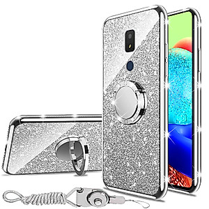 for Cricket Icon 3 Phone Case (3rd Version) Cute Girls Women Glitter Soft Silicone Case with Ring Stand Strap Lanyard Shockproof Protection Cover for Cricket Splendor / At&t Motivate 2 (2nd) - Silver