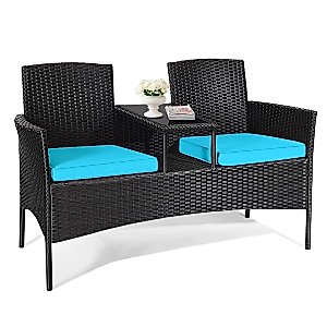 LDAILY Patio Conversation Set, Modern Rattan Loveseat, Outdoor Furniture Set with Removable Cushions & Table, Patio Wicker Sofa Set, Tempered Glass Top, Ideal for Garden Lawn Backyard