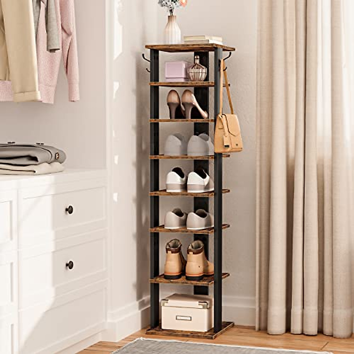 HOOBRO Vertical Shoe Rack, 8 Tier Shoe Storage Organizer with Hooks, Narrow Shoe Rack for 8 Pairs, Space Saving, Stable and Strong, for Entryway, Living Room, Bedroom, Rustic Brown BF07XJ01G1