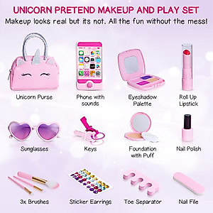 Pretend Play Makeup Kit for Little Girls with Unicorn Purse : Fake (Not Real) Make up Toy Set for Toddler and Kids - Includes Phone with Sounds, Princess Birthday Gift Set for Ages 3 4 5 6 7 8 Years