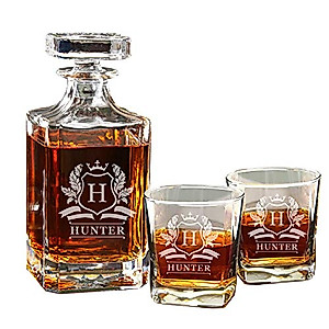 Personalized Whiskey Decanter and 2 Glasses Set - Custom Monogrammed with Cavalier Design