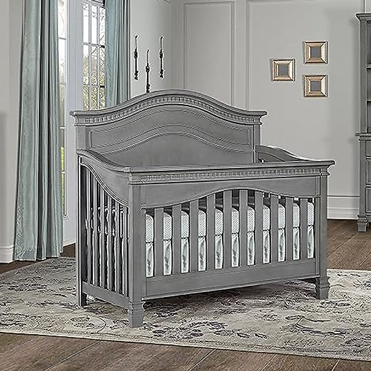 Evolur Cheyenne 5 in 1 Full Panel Convertible Crib in Storm Grey, JPMA & Greenguard Gold Certified, Crafted Out of kiln-Dried Hardwood, Features a high-Arch headboard & 3 Mattress Height Settings