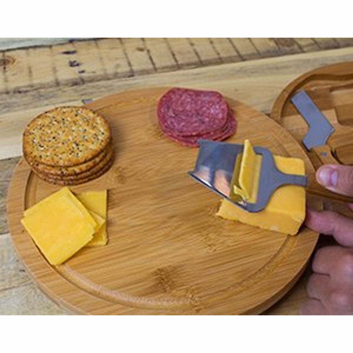 Juvale Cheese Board Set - Charcuterie Board and Cheese Tools, Cheese and Meat Board, Includes 1 Bamboo Cutting Board and 4 Piece Knife Tools, 10.2" x 10.2" x 1.5"