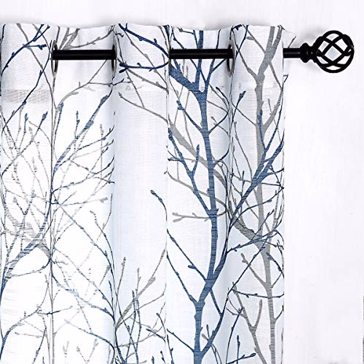 FMFUNCTEX Print Blue White Semi-Sheer Curtain Panels for Bedroom 63” Grey Tree Branch Printing on Linen Textured Window Treatment Set for Living Room Draperies 50”w 2-Pack