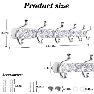 GUFONKOD Bling Coat Rack Wall Mount, Sparkle Silver Gem Diamond Wall Mounted Suitable for Key Hat Towel Purse Robes, Glitter Hooks Decorative Rack for for Entryway, Bedroom, Bathroom (6 Hooks)