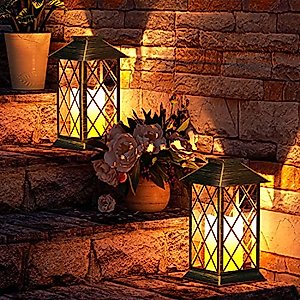 Fuairmee Solar Lanterns Outdoor Waterproof, Set of 2 Hanging Lantern with Brackets, 14 inch LED Flickering Flameless Candle Lights, Outdoor Lanterns for Front Porch Pathway Courtyard Party Patio