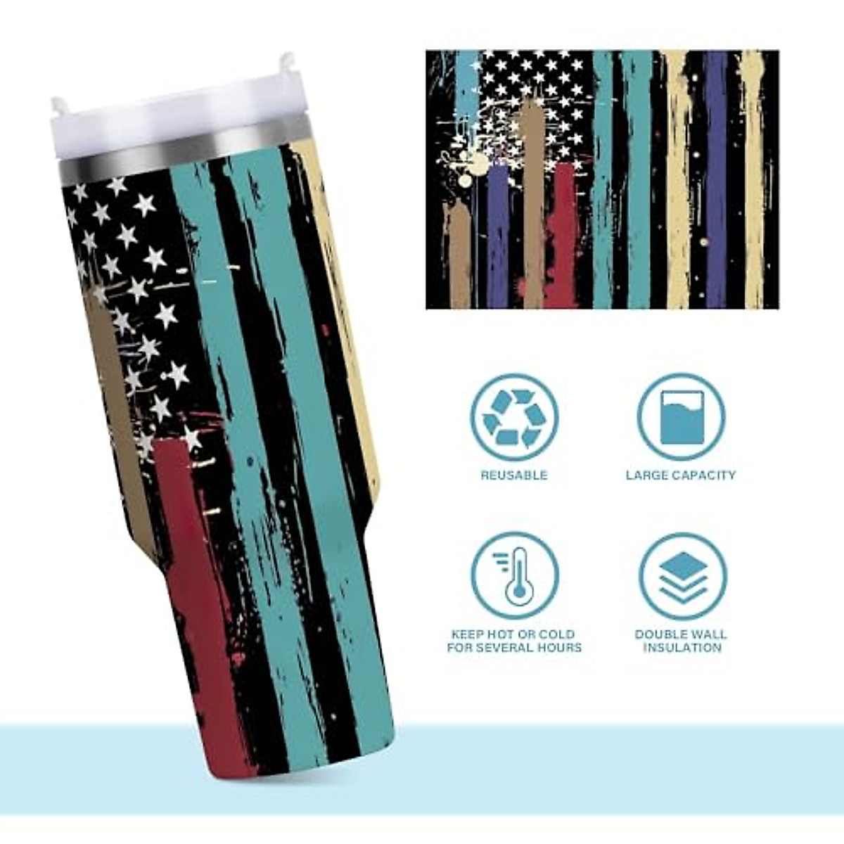 Double Insulated Tumblers 30 Oz with Straw and Handle, Colorful Flag Travel Coffee Tumbler