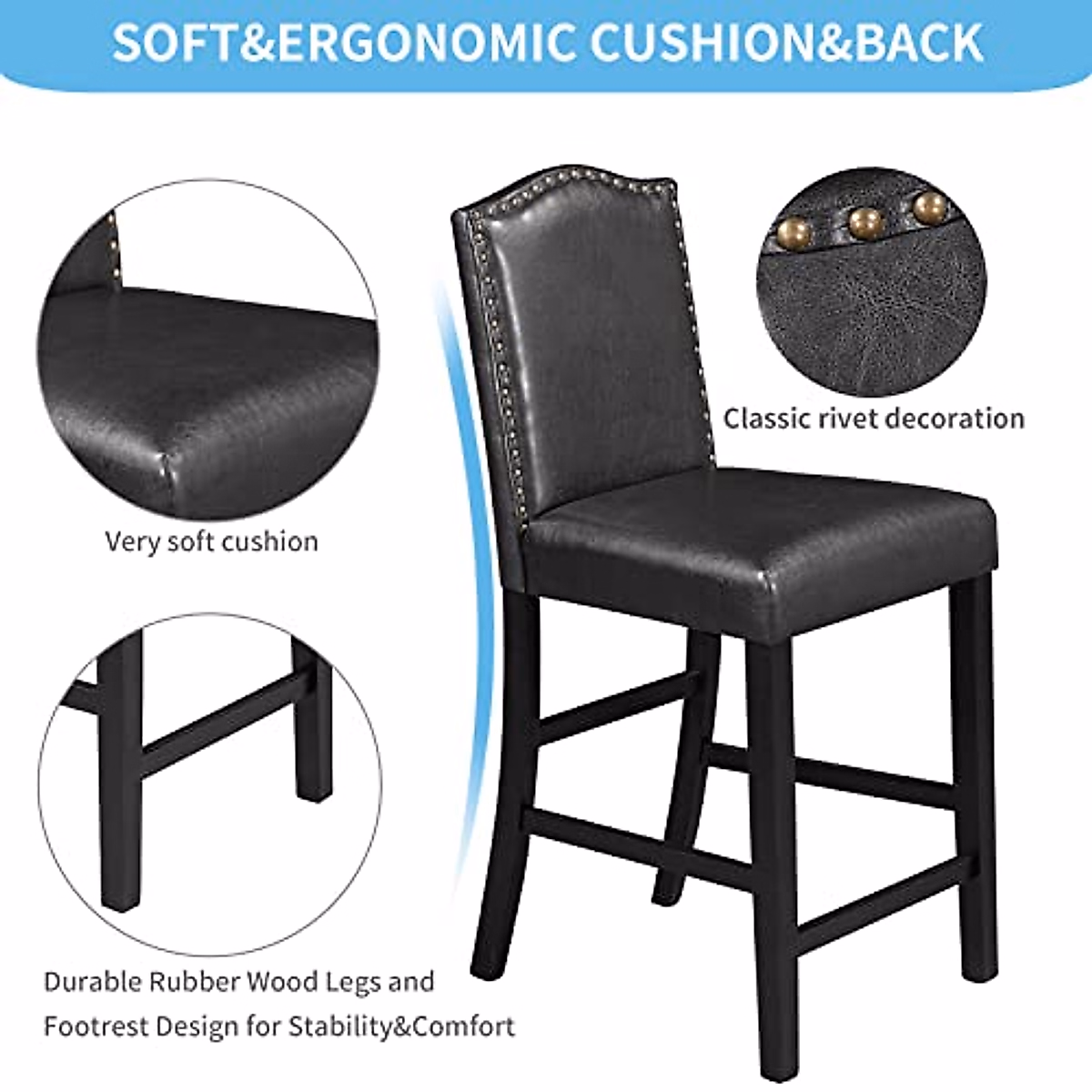 AYTTPG Modern 5 Piece Dinette Set with Matching Chairs and Bottom Shelf for Dining Room, Sturdy Wooden Frame, Marble Pattern Veneer, Chairs with Nail Head Trim, Easy Assembly, Black Chair+Gray Table