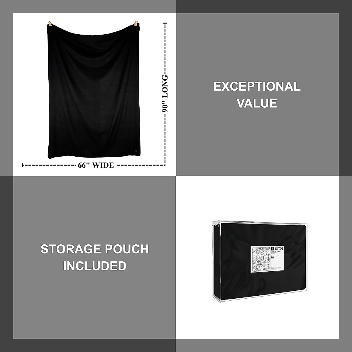 EKTOS 100% Wool Blanket, 90" x 66", Washable Wool Blanket, Survival Blankets Extreme Cold (Black, Twin Size)