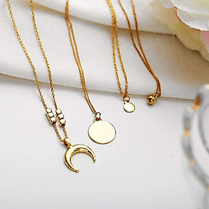 Chargances Bohemia Women Necklace Disc and Moon Necklace Coin Pendant Necklace Delicate Choker Chain Multi layer Necklaces for Women Gold Moon Crescent Disc Jewelry for Women and Girls