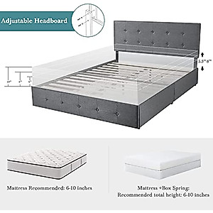 HOOMIC King Size Platform Bed Frame with 4 Storage Drawers, Adjustable Headboard, Square Stitched Button Tufted Design with Wooden Slats, No Box Spring Needed, Dark Grey