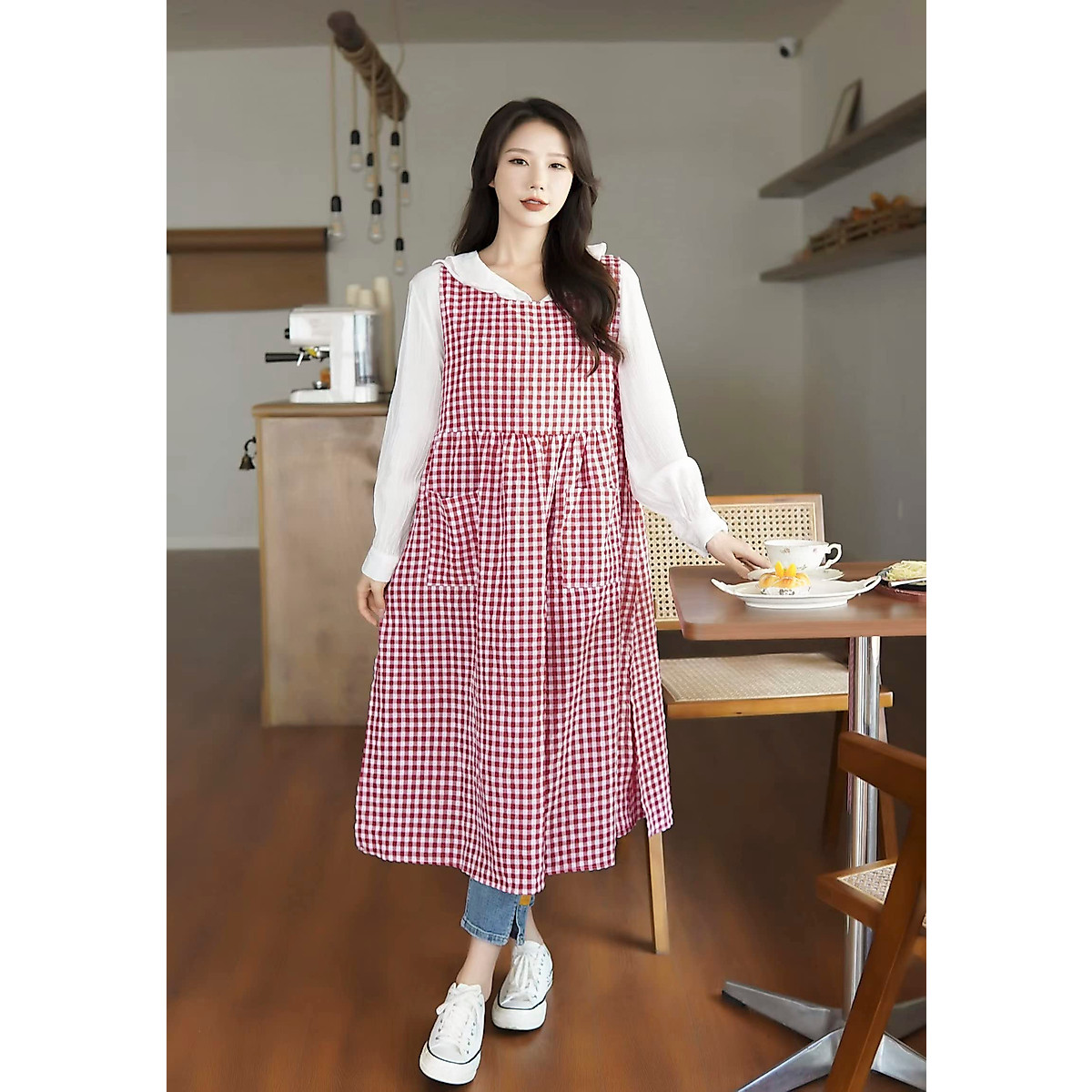 TALIBSA Plaid Apron Dress，Japanese Cotton Linen Cross Back Apron for Women with Pockets，Pinafore Dress with Waist Ties (Red Plaid)