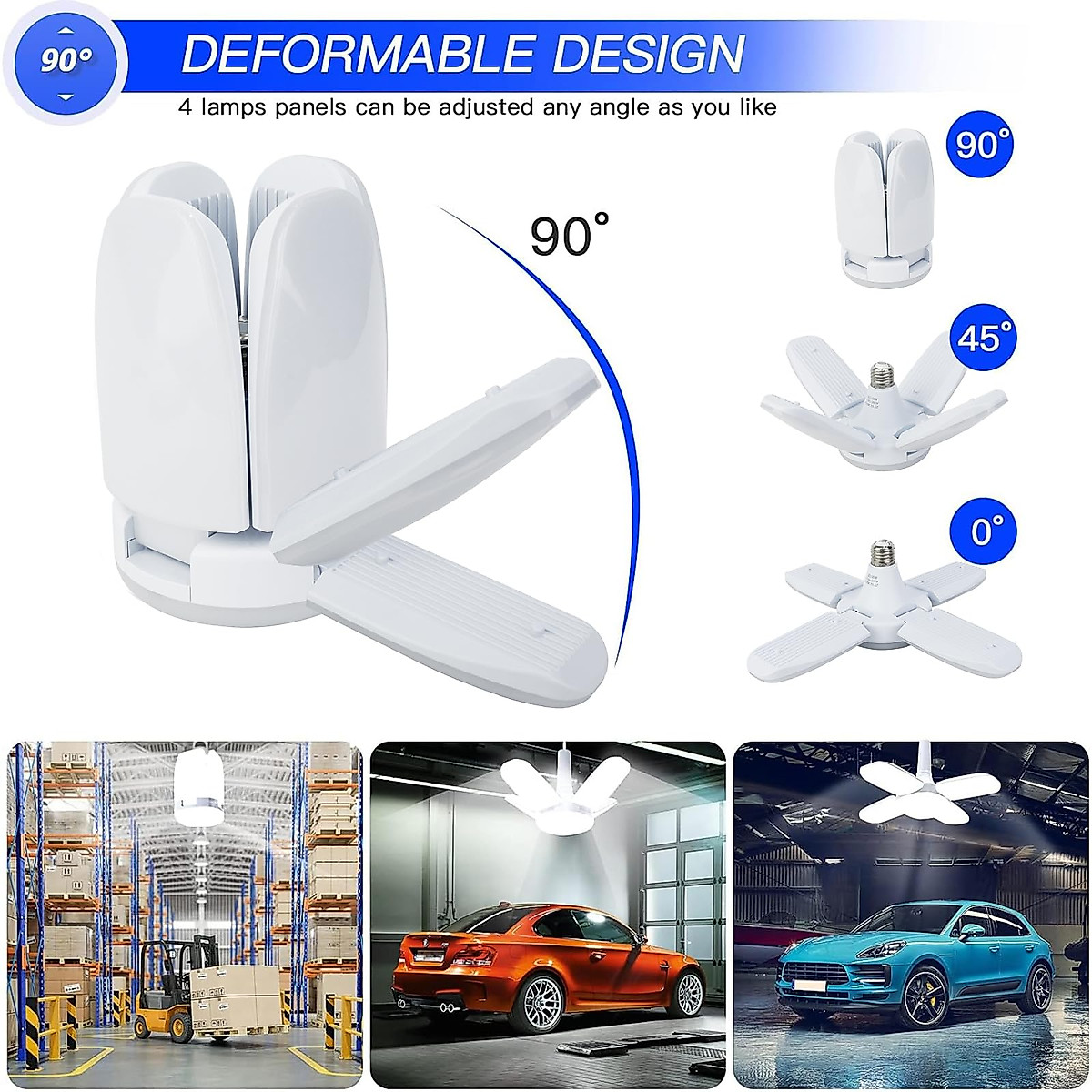 LED Garage Light 60W E26 6000LM Deformable LED Garage Ceiling Lights 6500K Daylight White Garage LED Light with 4 Adjustable LED Panels, LED Garage Lights for Warehouse Workshop Basement Lights