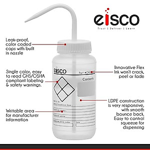 EISCO Chemical Wash Bottle, Blank Labels, 500ml - Wide Mouth, Self Venting, Low Density Polyethylene - Performance Plastics Labs