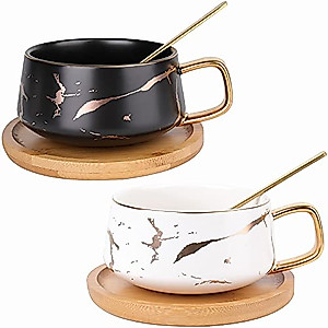 Peohud 2 Pack Ceramic Tea Coffee Cup, 10 OZ Coffee Mug with 304 Stainless Steel Spoon and Bamboo Saucer, Marble Espresso Cups for Latte, Cappuccino, Americano, White and Black