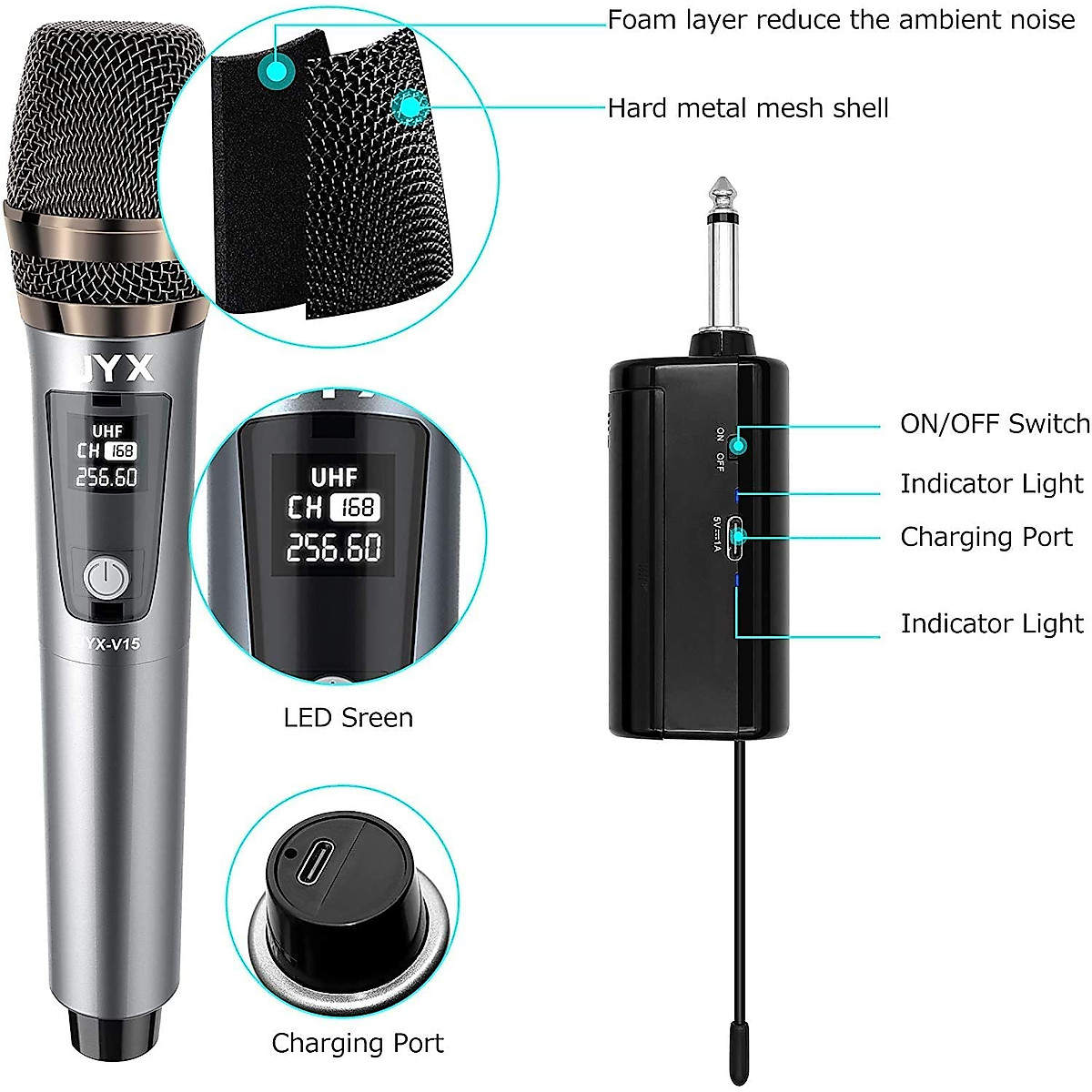 JYX Wireless Microphone, Professional UHF Metal Handheld Dynamic Mic System with Rechargeable Receiver 1/4''(6.35mm) Plug, for Amplifier, PA System, Karaoke Singing, Wedding, Party, Speech, Church