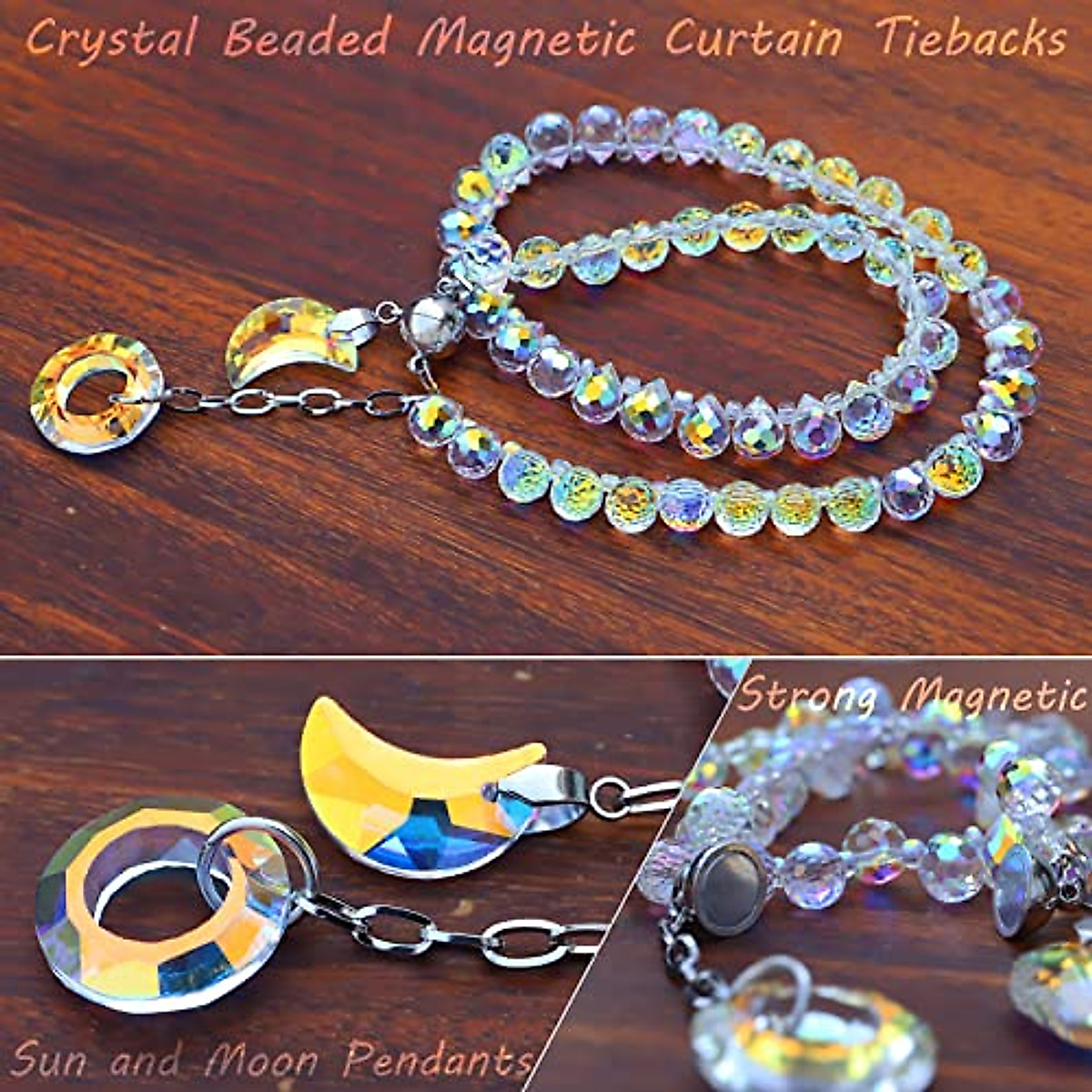 PEDOBO Magnetic Curtain Tiebacks, 2 Pack Crystal Beaded Sun & Moon Pendants Curtain Sheer/Drapery Holdbacks, Beaded Curtain Ties for Window Home Decor (Crystal AB)