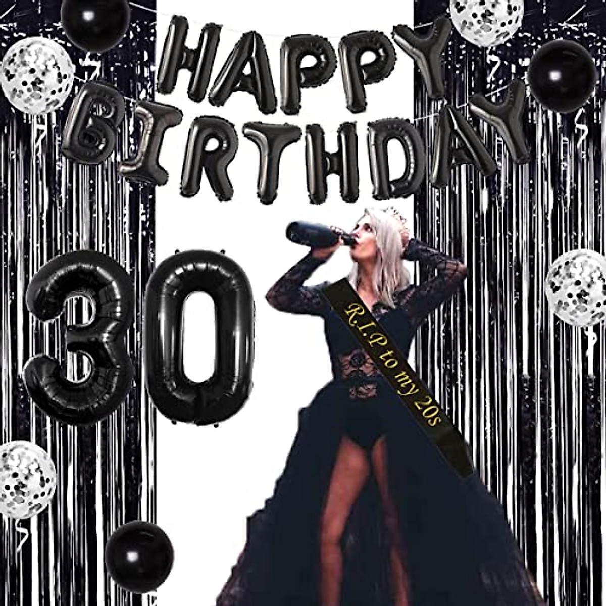 30th Birthday Decorations for Him Her Black Death to My Twenties Banner, Rip to My 20s Sash, Number 30 Balloon, Happy Birthday Balloon Banner, Foil Curtain for Funny Thirtieth Birthday Party Supplies