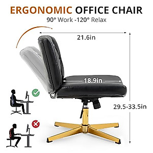 TURRIDU Home Office Armless Swivel Chair, Criss Cross Golden Legs No Wheels PU Leather Wide Seat Mid Back Aesthetic Chair for Living Room Bedroom Vanity Makeup Reading Computer Desk Task, Black