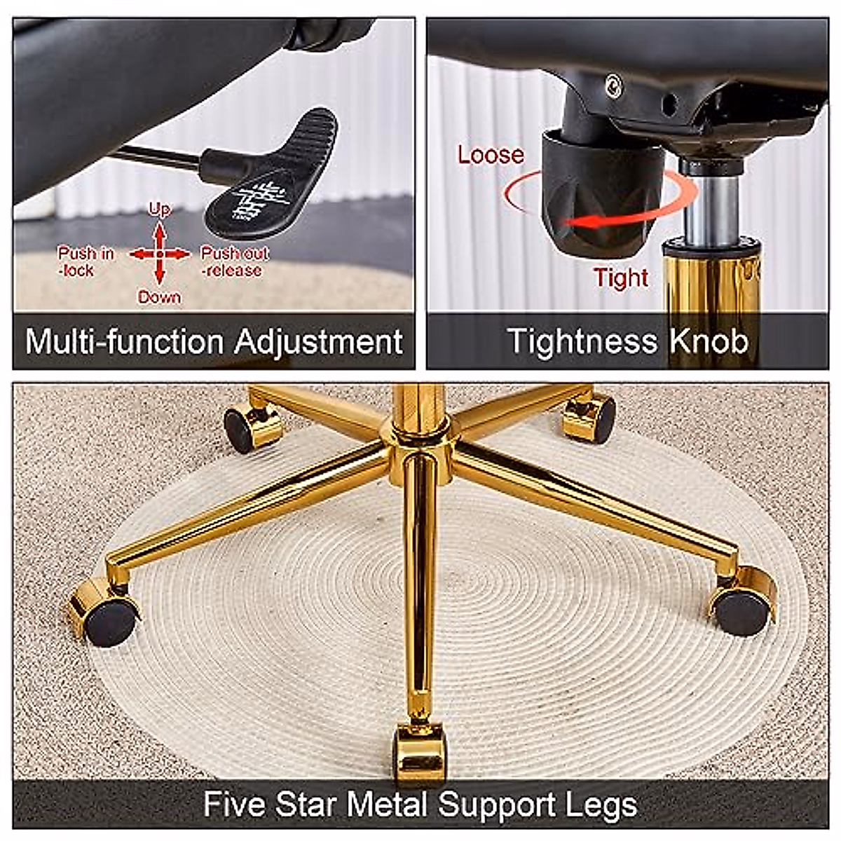 voqoomkl PU Home Office Chair, 360° Swivel Desk Chair with 5 Wheels and Gold Metal Base, Adjustable Height Armless Computer Chair for Living Room Bedroom Study, Black