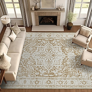 jinchan Washable Area Rug 8x10 Low Pile Living Room Rug Stain Resistant Vintage Rug Boho Large Rug Ultra-Thin Faux Wool Non Slip Retro Floral Print Indoor Carpet for Bedroom Kitchen Farmhouse Taupe