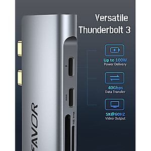 LIKFAVOR USB C Hub, 7-in-2 Type-C Docking Station, USB to HDMI Dongle for MacBook Pro/Air, PD 3.0 Charging, Multiport Adapter with 4K HDMI, SD/TF, and Thunderbolt 3 100W, 40Gbps Data Transfer