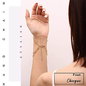 Chicque Beaded Ring Bracelet Hand Chain Gold Layered Finger Ring Hand Bracelet Party Hand Jewelry for Women and Girls