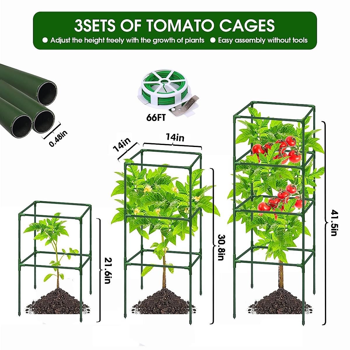 Hoyejyou 3 Pack Tomato Cages for Garden, 41.5 x 14 x 14 Inches Square Tomato Plant Support Pole, Heavy Duty Steel Plant Tower Stakes, Garden Cucumber Trellis for Climbing Vegetables Flowers Fruits