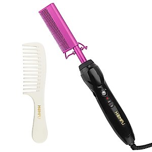 Homfu Electric Hot Comb for Straightening and Curling Hair - Ceramic Flat Iron Designed for Natural Black Hair - Anti-Scald Beard Straightening Comb