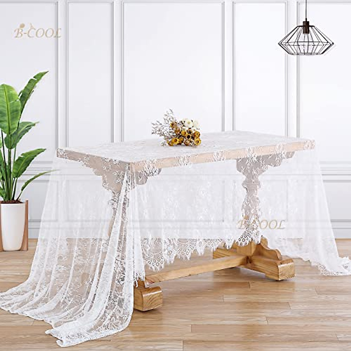 B-COOL 2 Pieces Lace Tablecloth 60 x 120 Inch Wedding Rectangle Overlay for Tables Rustic Vintage White Table Cover