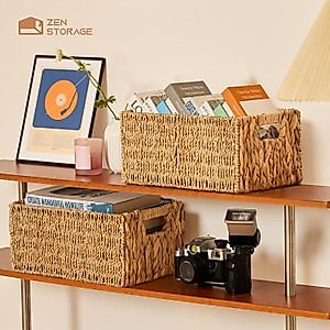 Wicker Storage Basket with Built-in Handle, Water Hyacinth Storage Basket for Shelf/Cabinet, Square Wicker Basket for Towel/Book/Magazine/Toy/Blanket/DVD, Set of 2, Large and Small