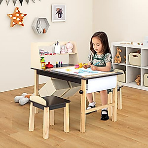 HONEY JOY Kids Art Table and Chair Set, Wooden Drawing Desk and 2 Stools w/Paper Roll, Open Shelf, Toddler Activity & Crafts Table w/Storage Bins, Children Furniture Set for Boys Girls Ages 3+