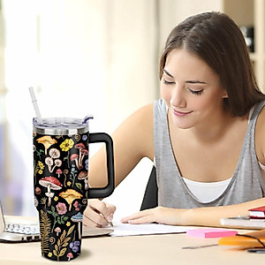 thmasamwr Mushroom Tumbler with Lid and Straw, Stainless Steel Mushroom 40oz Tumbler with Handle, Black Mushroom Travel Coffee Mug Mushroom Gifts Cups for Women and Men