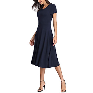 Urban CoCo Women's Vintage Short Sleeve High Waist Flared Midi Casual Summer Dress Navy Blue