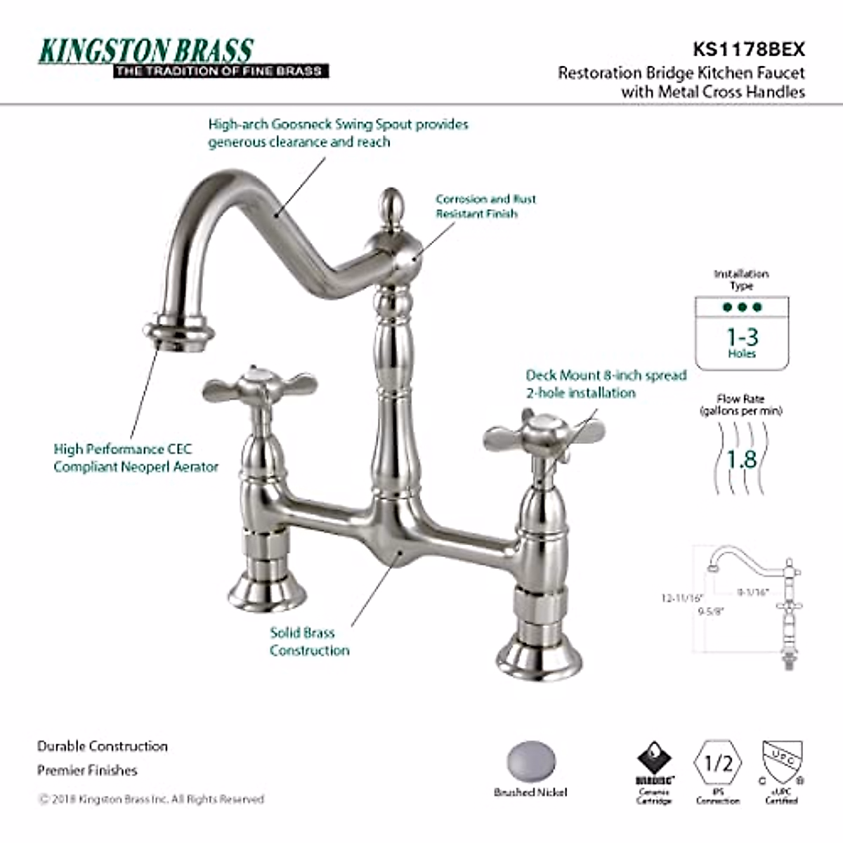 Kingston Brass KS1178BEX 8" Centerset Kitchen Faucet Less Sprayer, Brushed Nickel, 8-3/4" In Spout Reach