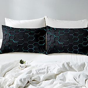 Honeycomb Hexagon Bedding Set,Geometry Duvet Cover for Kids Teen Boys Girls,Teal Neon Lights Comforter Cover Decorative Room,Modern Diamond Pattern Quilt Cover with 2 Pillowcases,Full Size