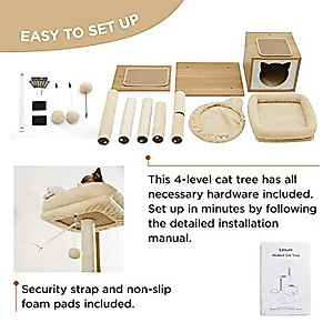 Lesure Modern Cat Tree for Large Cats - Tall Cat Climbing Tower for Indoor Cats with Wood Cat Condo, Hammock and Scratching Post, 50 Inches, Beige