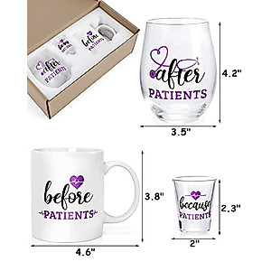 Levfla Before Patients After Patients Set Nursing Gifts 11 oz Coffee Mug 18 oz Stemless Wine Glass 2 oz Shot Glass for Doctor's Day Pediatrician Physician Graduation Birthday Nurse Week Gifts (Purple)