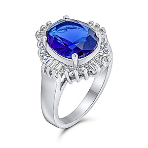 Bling Jewelry Personalize Art Deco Style Royal Blue Oval Baguette Halo 6 CT AAA CZ Simulated Sapphire Solitaire Statement Engagement Ring For Women Silver Plated Customizable