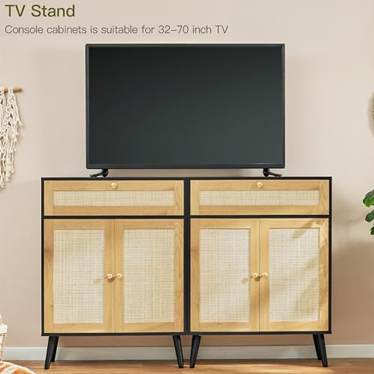 Quimoo Tall Storage Cabinet, Rattan Cabinet with Adjustable Shelf & Large Drawer, Boho Storage Cabinet, Accent Cabinet for Entryway, Living Room, Black