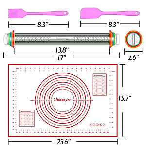 Shacoryze Rolling Pin with 4 Thickness Rings, Adjustable French Dough Roller Stainless Steel Nonstick Pastry Mat Spatula Brush Set for Baking Fondant, Pizza, Tortilla, Pasta, Pie, Pastries, Cookies