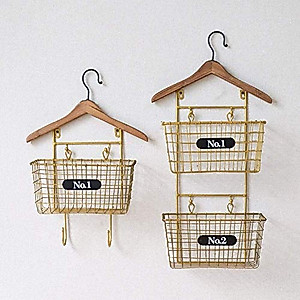 PIBM Stylish Simplicity Shelf Wall Mounted Floating Rack Shelves Retro Iron Art Solid Wood Basket Child Hangers Flower Stand,2 Sizes,2 Colours, Gold , 35.5x67cm