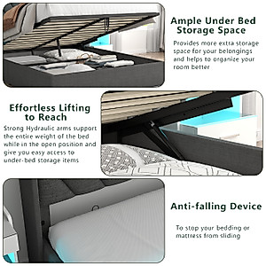 Loomie Queen Lift Up Bed Frame with Charging Station & LED Lights, Upholstered Bed with Modern Wingback Storage Headboard, Hydraulic Storage, No Box Spring Needed, Wood Slats Support, Dark Grey