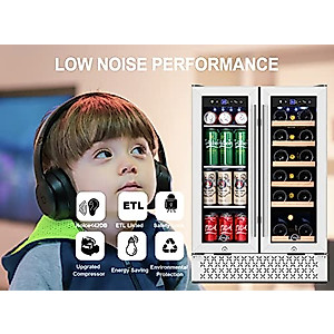 Tylza Wine and Beverage Refrigerator, 24 Inch Built-In Dual Zone Wine and Beverage Cooler, Freestanding French Door Drink Fridge, Wine Beer Cooler Under Counter Refrigerator TYBC120