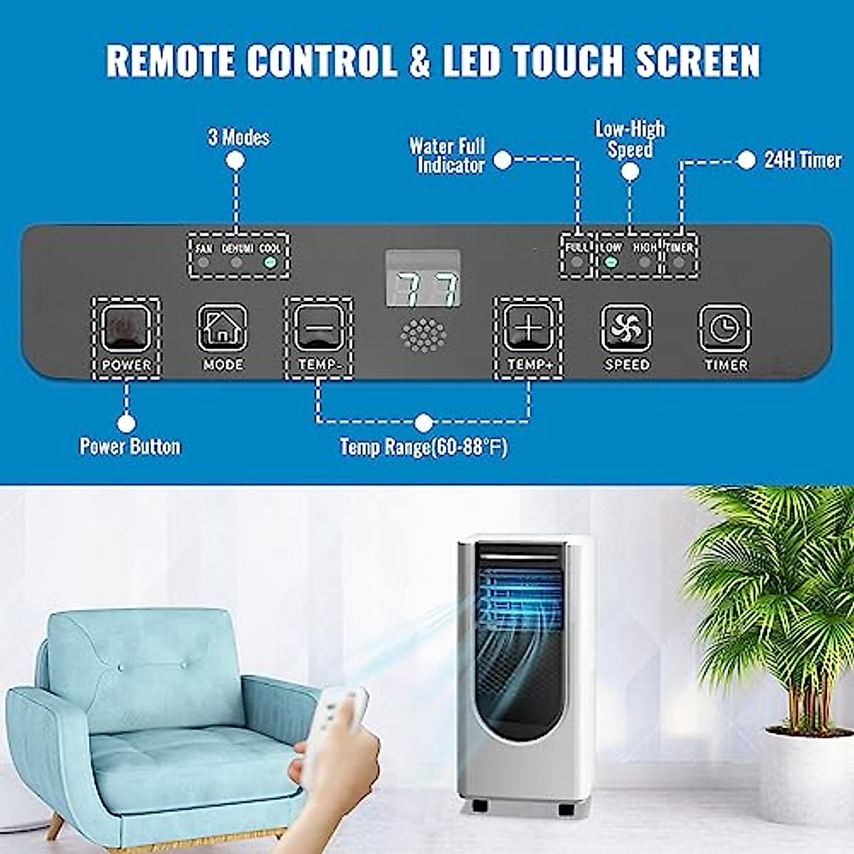 Portable Air Conditioner WANAI 8,000 BTU ASHARE Portable AC Unit, Built-in Dehumidifier & Fan Mode, Remote Control and Window Installation Kit Included, LED Display, for Home Office Garage Business